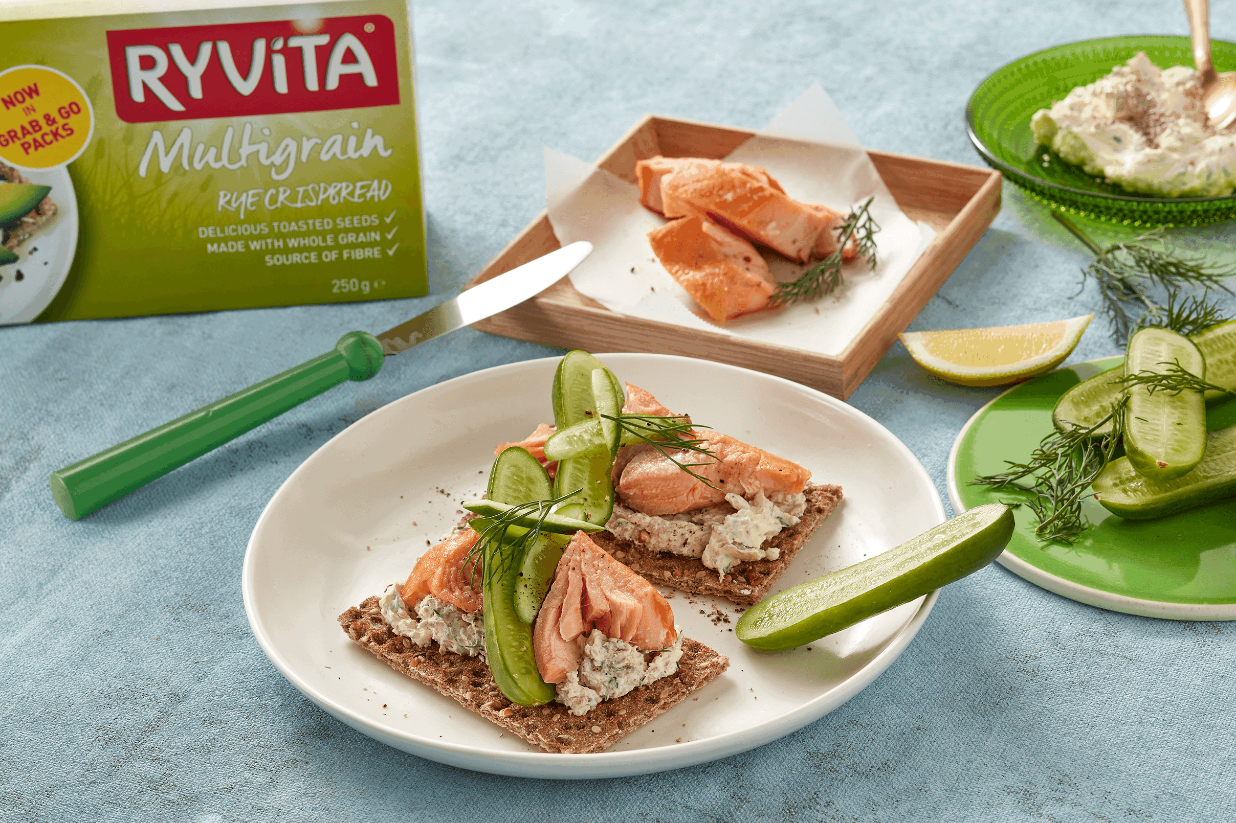 Ryvita topped with smoked salmon, chia seeds and mustard cream cheese ...